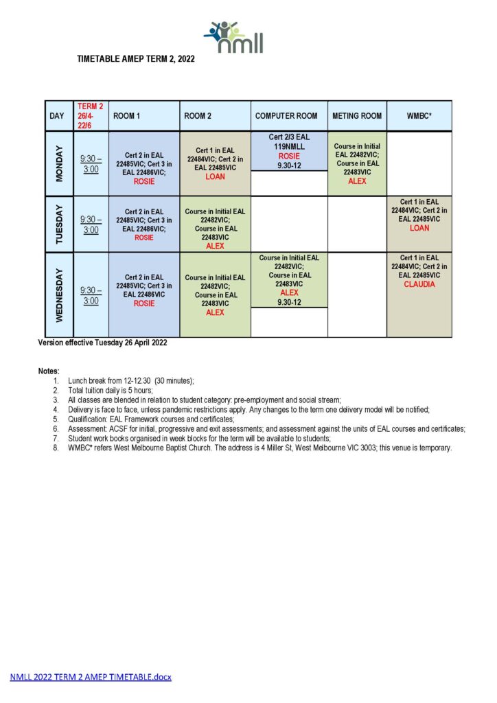 Timetable & Term Dates | NMLL